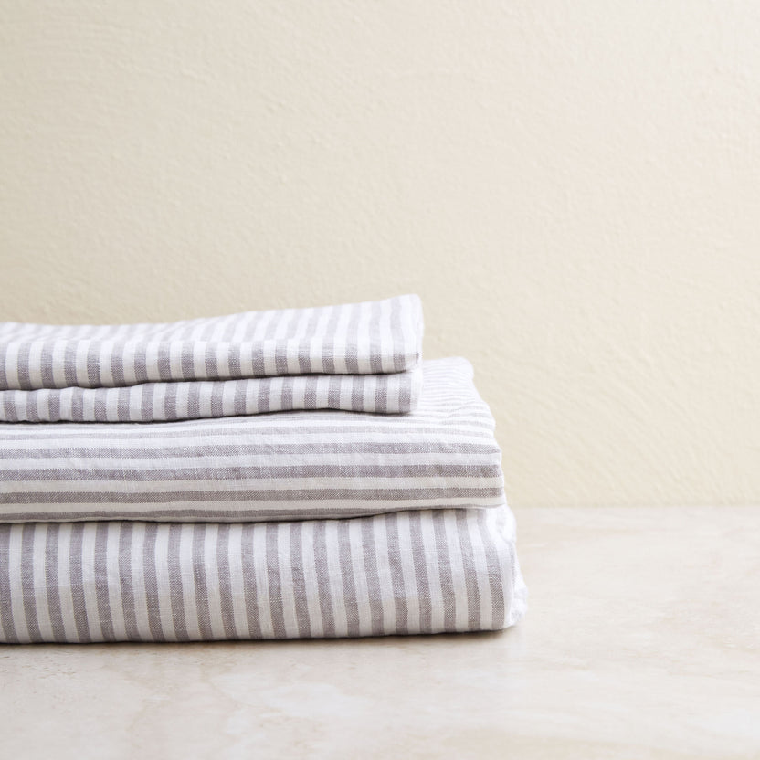 100% Pure French Linen Sheet Set - Grey Striped – Linen Social